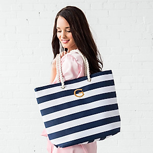 WEDDINGSTAR Personalized Extra-Large Cabana Stripe Canvas Fabric Tote Bag - Navy