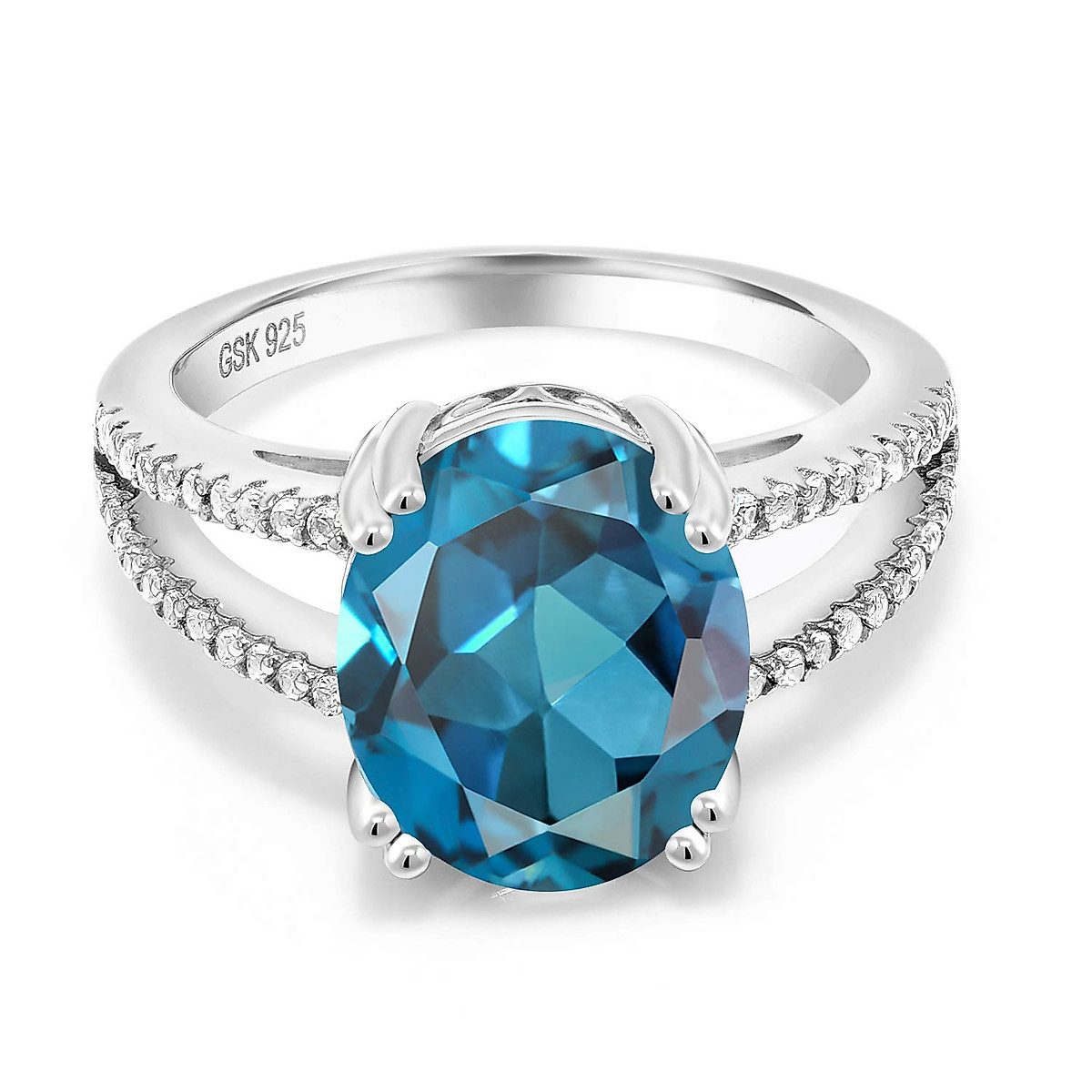 Gem Stone King 5.68 Cttw London Blue Topaz Engagement Ring For Women In 925 Sterling Silver | Oval 12X10MM | Gemstone November Birthstone | Available In Size 5, 6, 7, 8, 9