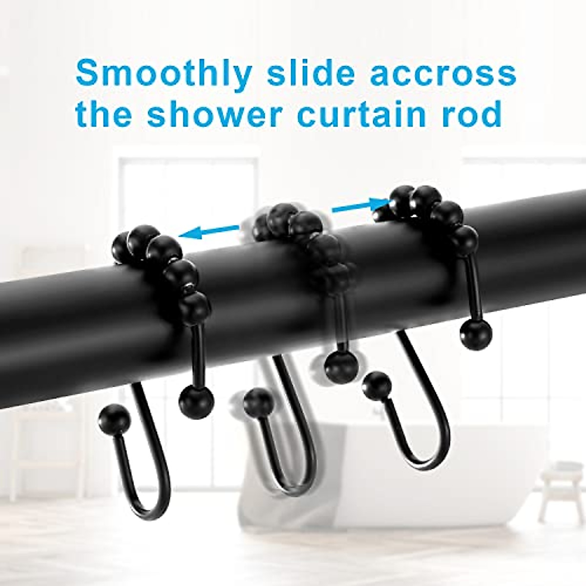 TENOVEL Shower Curtain Hooks, Metal S Shaped Shower Rings Rust Proof for Bathroom Shower Rods Curtains, Durable Stainless Steel Bathroom Shower Curtain Hanger, Matte Black, Set of 12