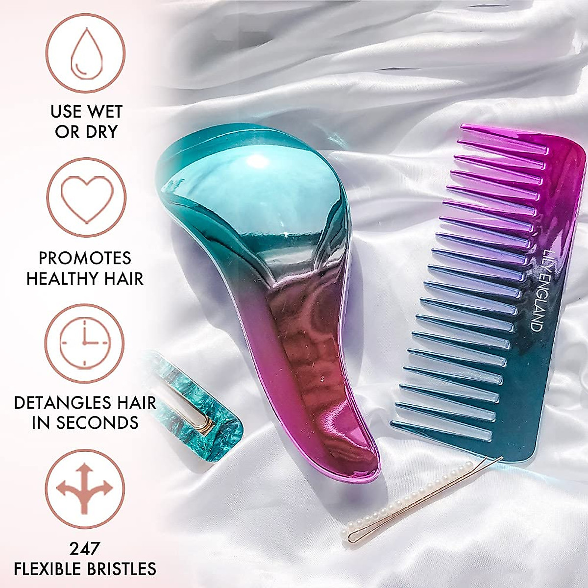 Lily England Detangler Brush & Comb Set - Lightweight Wide Tooth Detangling Tool for Women & Kids - Smooths Curly, Straight, Dry, Fine, & Thick Hair, Purple