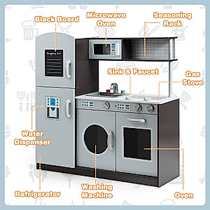 HONEY JOY Kids Kitchen Playset, Wooden Little Chef Pretend Toy Kitchen Set w/Sounds, Sink, Stove, Microwave, Storage Cabinet, Shop List, Play Kitchen for Toddlers, Gift for Boys Girls 3+, Gray