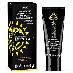Makra Tattoo Care Sunscreen – SPF 30+ All Natural Tattoo Sun Protection - UVA/UVB Protection - Deeply Moisturizes and Protects Ink Against Fading - Enhances Colors, Water Resistant - 1.35 Oz/40 g