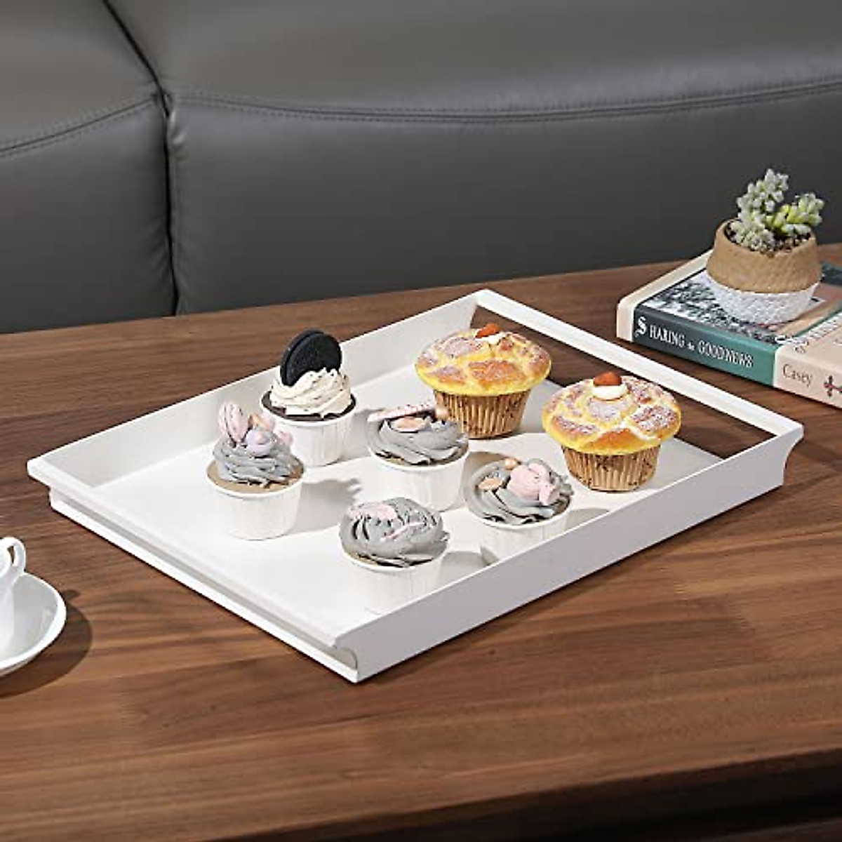 MyGift Decorative Serving Tray, Modern Matte White Metal Rectangle Ottoman Coffee Table Tray with Sleek Rounded Cutout Side Handles