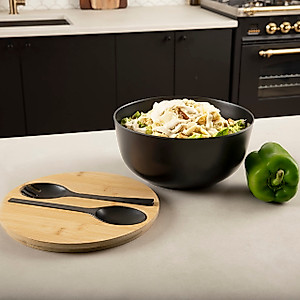 Bamboo Fiber Salad Bowl with Servers Set, 9.8 inches Large Solid Wooden Mixing Salad Bowls With Lid, Fiber Spoon and Fork for Serving for Pasta, Fruits, Vegetables(Black)