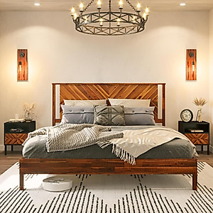 Bme Vivian 14 Inch Deluxe Bed Frame with Headboard, Rustic & Scandinavian Style with Solid Acacia Wood, No Box Spring Needed, 12 Strong Wood Slat Support, Easy Assembly, King, Rustic Golden Brown