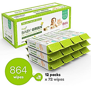 Yugi Baby Green Wipes Unscented Compostable Biodegradable and Organic– Value Pack (12 Packs of 72) 864 for Sensitive Skin