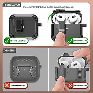 RFUNGUANGO Airpods 3rd Generation Case with Secure Lock Clip, Full Body Shockproof Hard Shell Protective, AirPods 3 Case Compatible with Apple AirPod 3rd Gen 2021 [Front LED Visible] - Black