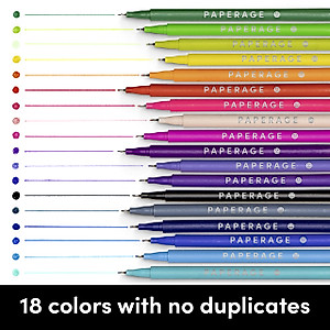 PAPERAGE Felt Tip Fine Line Marker Pens (0.4 mm Metal Pen Nib), 18 Pack Pen Set for Bullet Style Journals, Notebooks, Planners, Calendars, Notes & Coloring - Use at Home, Office, School