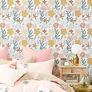 WENMER Floral Peel and Stick Wallpaper 17.71”×118”Boho Floral Wallpaper Pink Floral Contact Paper Self Adhesive Removable Wallpaper for Bathroom Cabinet Decorative