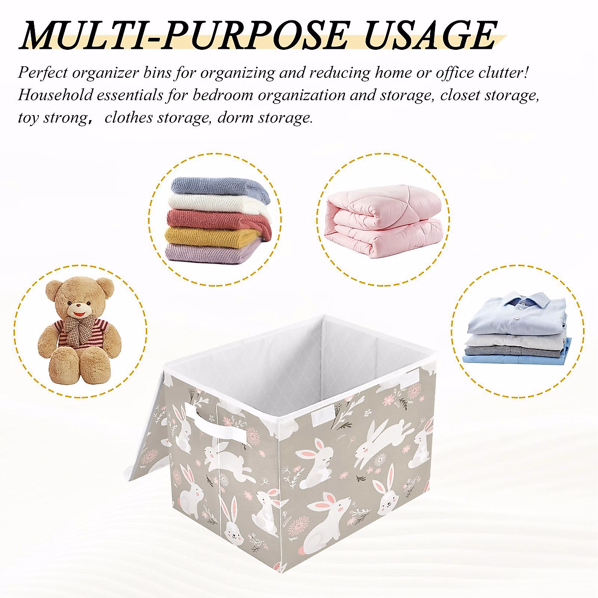 YETTASBIN Easter Bunny Storage Basket with Lid and Handles, Large Collapsible Fabric Storage Bins Durable Storage Organizer for Shelves, Closet, Bedroom, School, Office, Home Decor