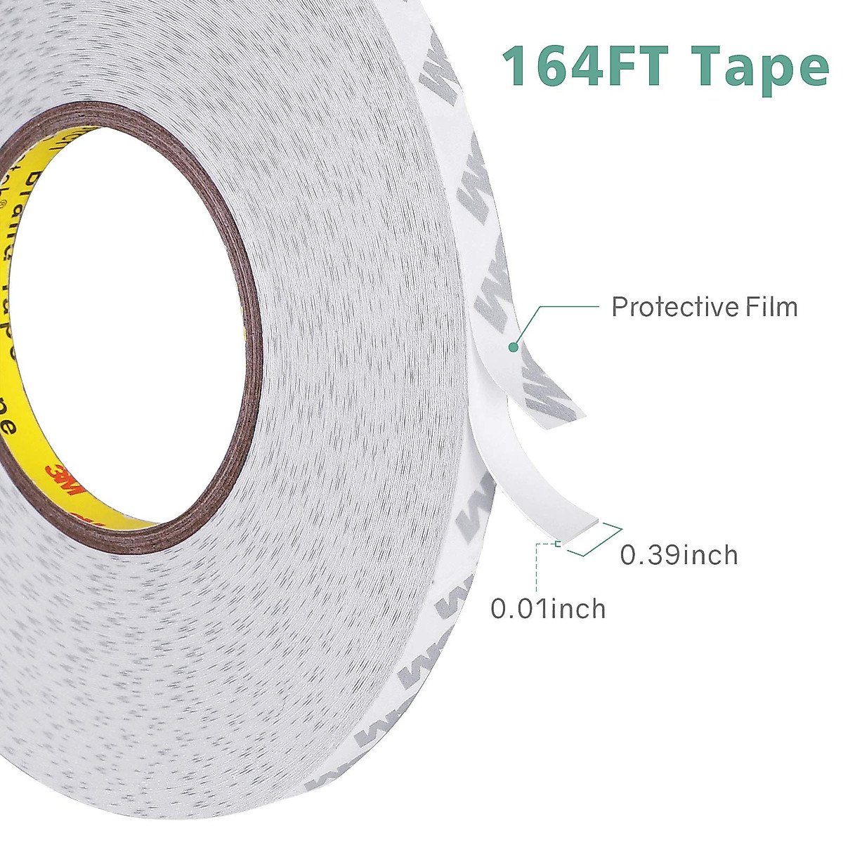 Double Sided Tape Heavy Duty, 164ft Waterproof Mounting Adhesive Tape, Removable Tape for Walls, Poster, LED Strip, Car Trim, Home/Office Decor, Craft Project, Made of 3M Tape, White (164ft x 0.39in)