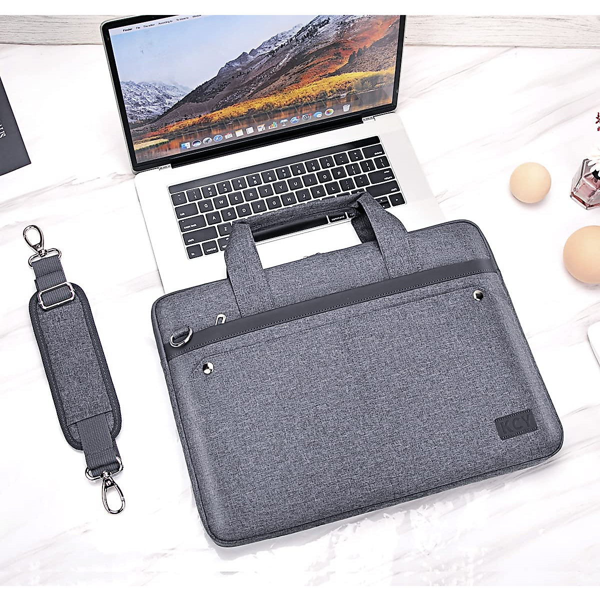 KCY Laptop Bag Case 13 13.3 14 Inch with Shoulder Starp, Waterproof Slim Computer Sleeve Compatible with MacBook Air 13 M1/M2, MacBook Pro 13/14, 13.5” Surface Laptop 5/4, Chromebook 14, Grey