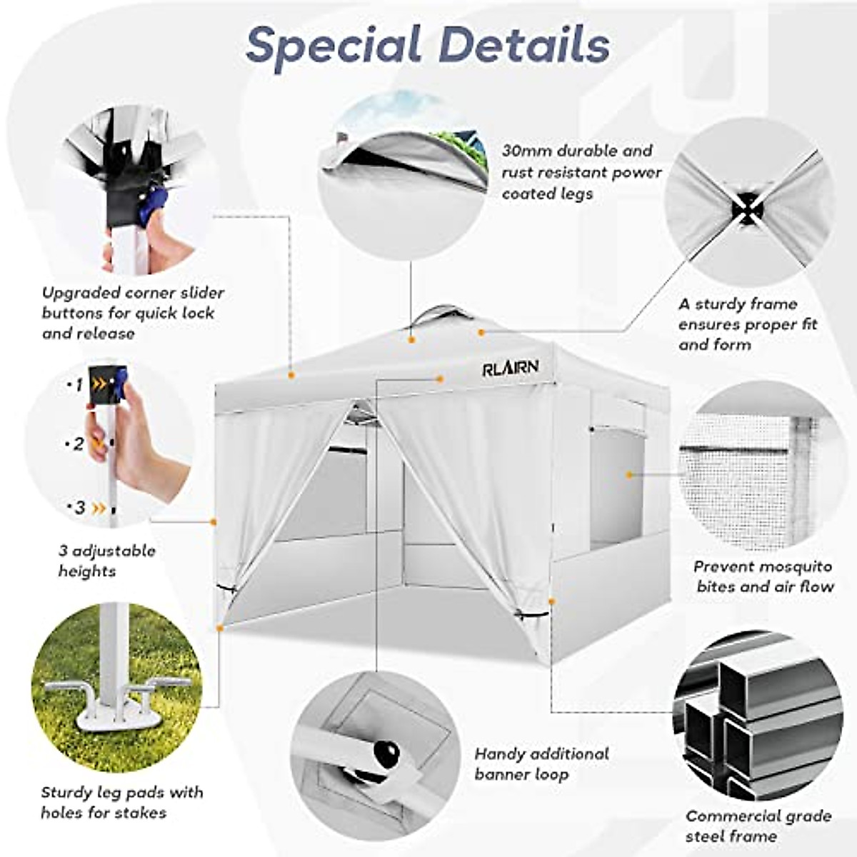 Ez Pop Up Canopy Tent, RLAIRN 10'X10' Waterproof Instant Gazebo Canopy with 3 Adjustable Height and 4 Removable Sidewalls, UPF50+ Folding Instant Pop Up Gazebo Canopy Shade Tent with Mesh Windows