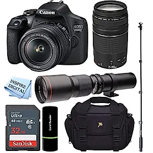 Inspire Digital Canon EOS Rebel 2000D DSLR Camera with 18-55mm is II Lens Bundle + Canon EF 75-300mm f/4-5.6 III Lens and 500mm Preset Lens + 32GB Memory + Monopod + Padded Case (Renewed)