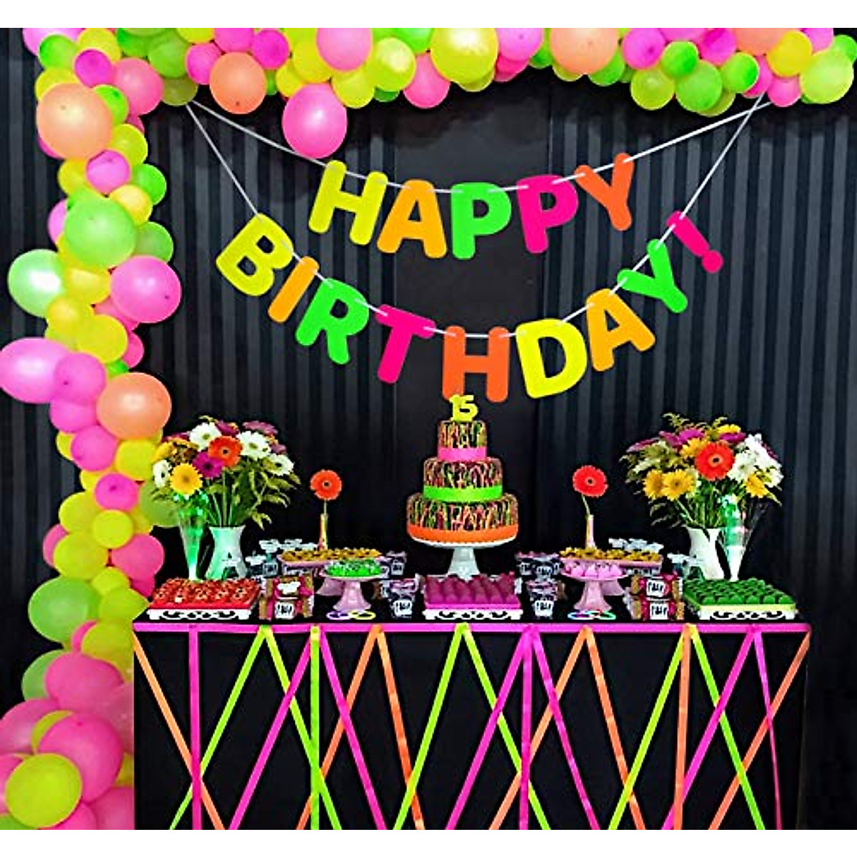 Midnight Glo Neon Happy Birthday Banner Decoration Black Light Reactive UV Glow Birthday Party