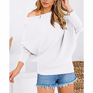 Zenlonr Women's Fall Sweaters 2025 Casual Long Batwing Sleeve Loose Off Shoulder Knit Pullovers Jumper Tops(White,Medium)