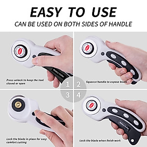 WhisperDream 45mm Rotary Cutter - White Rotary Cutter with Ergonomic Safety Design - 8 Extra Replacement Blades Included, 45mm Rotary Cutter Great for Sewing, Quilting Supplies, Fabric and Crafts