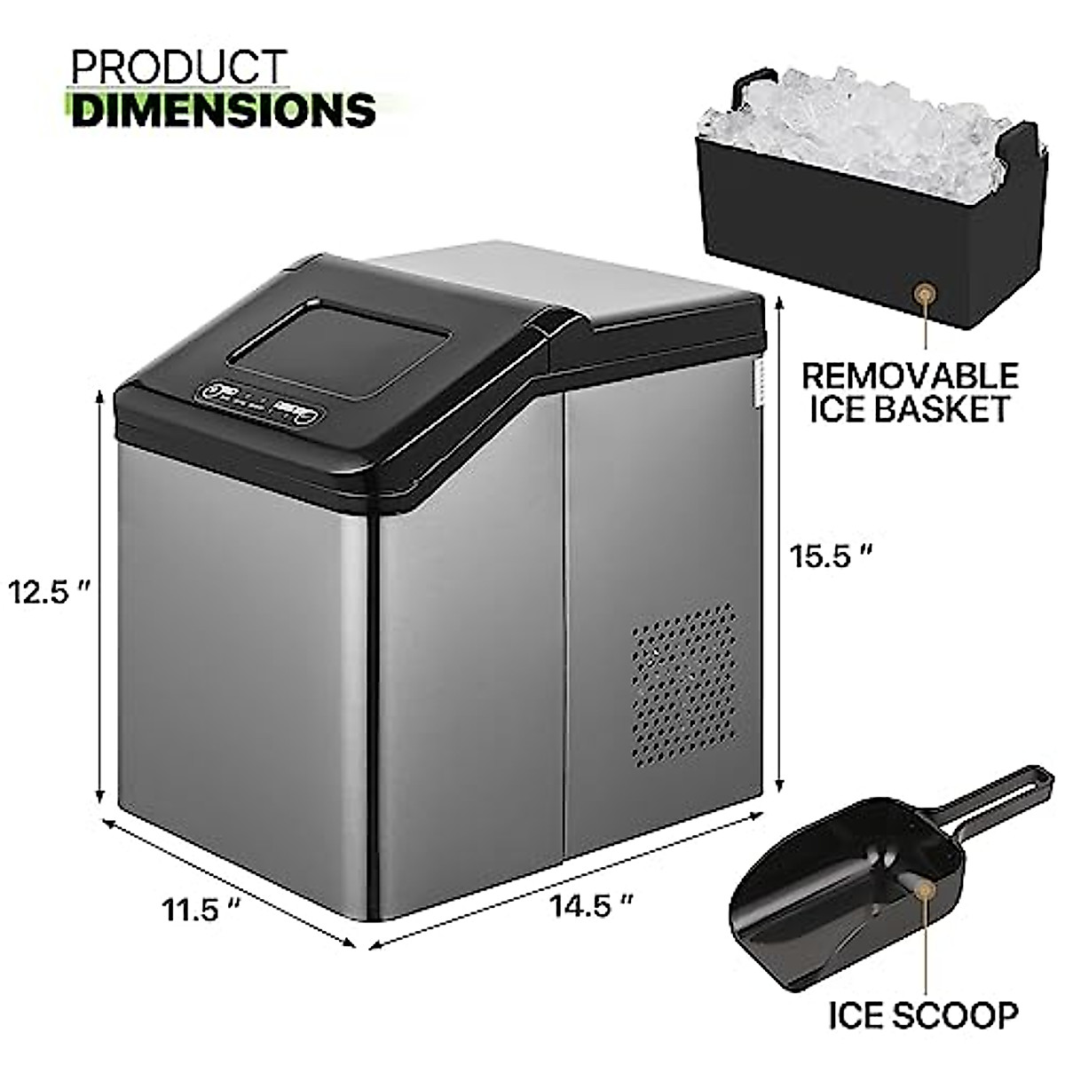 Magshion Dual-Size Countertop Ice Machine, Portable Self-Cleaning Ice Maker Machine, Creates 32 Square Cubes in 20 Mins, Makes up to 33 lb. in 24 Hours, Stainless-Steel