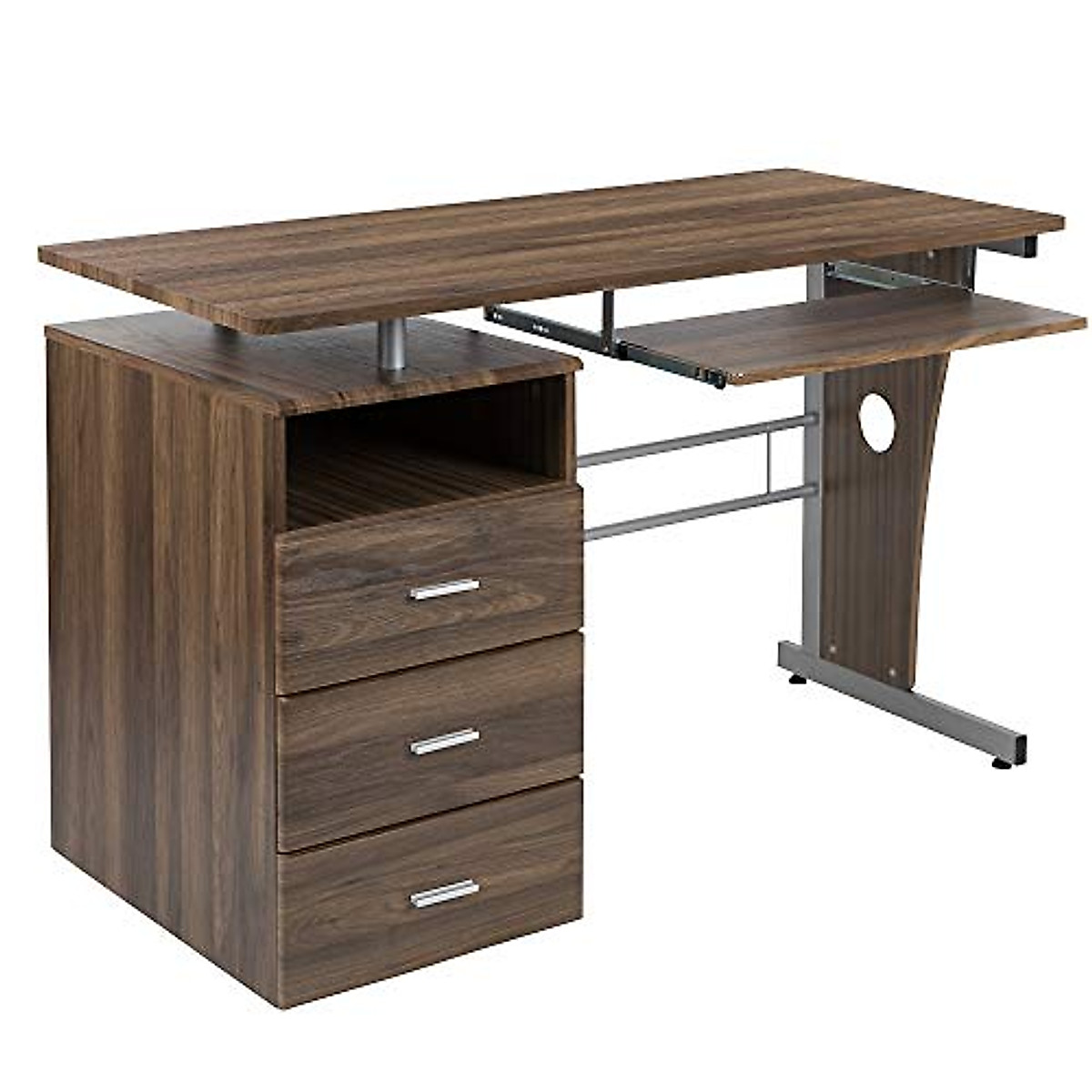 F&F Furniture Group 47.25" Brown Contemporary Desk with Three Drawer Pedestal and Pull-Out Keyboard Tray