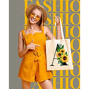 AUSVKAI Canvas Tote Bag Aesthetic for Women, Cute Sunflower Initial Trendy Monogram Personalized Initial Birthday Reusable Cloth Cotton Bags with Handle for Grocery College Shopping Beach