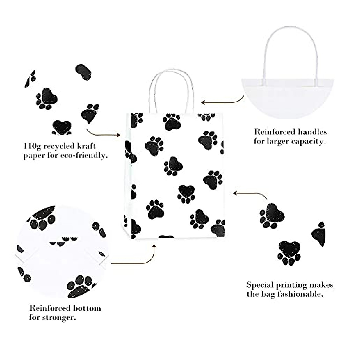 BagDream Gift Bags 25Pcs 8x4.25x10.5 Inches Shopping Bags, Paper Bags, Kraft Bags, Retail Bags, Holiday Party Bags, Paw Prints Paper Bags with Handles, Dog's Paw Print White Bags