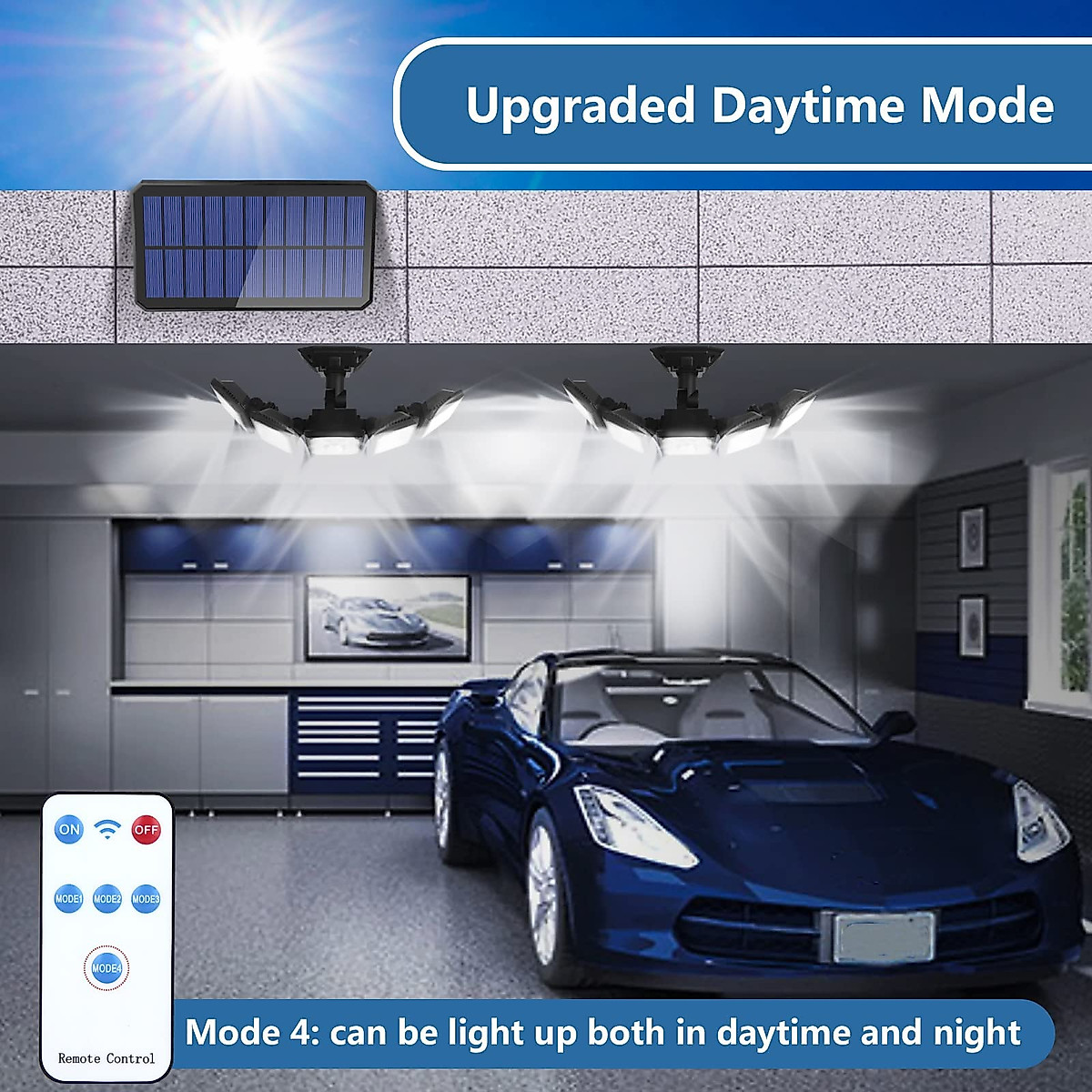 Solar Motion Lights Outdoor Indoor: LED Flood Light with 5 Heads Outside Security Lights Waterproof Solar Powered Light with 4 Lighting Mode - Solar Lighting for Inside House with Remote & Cord