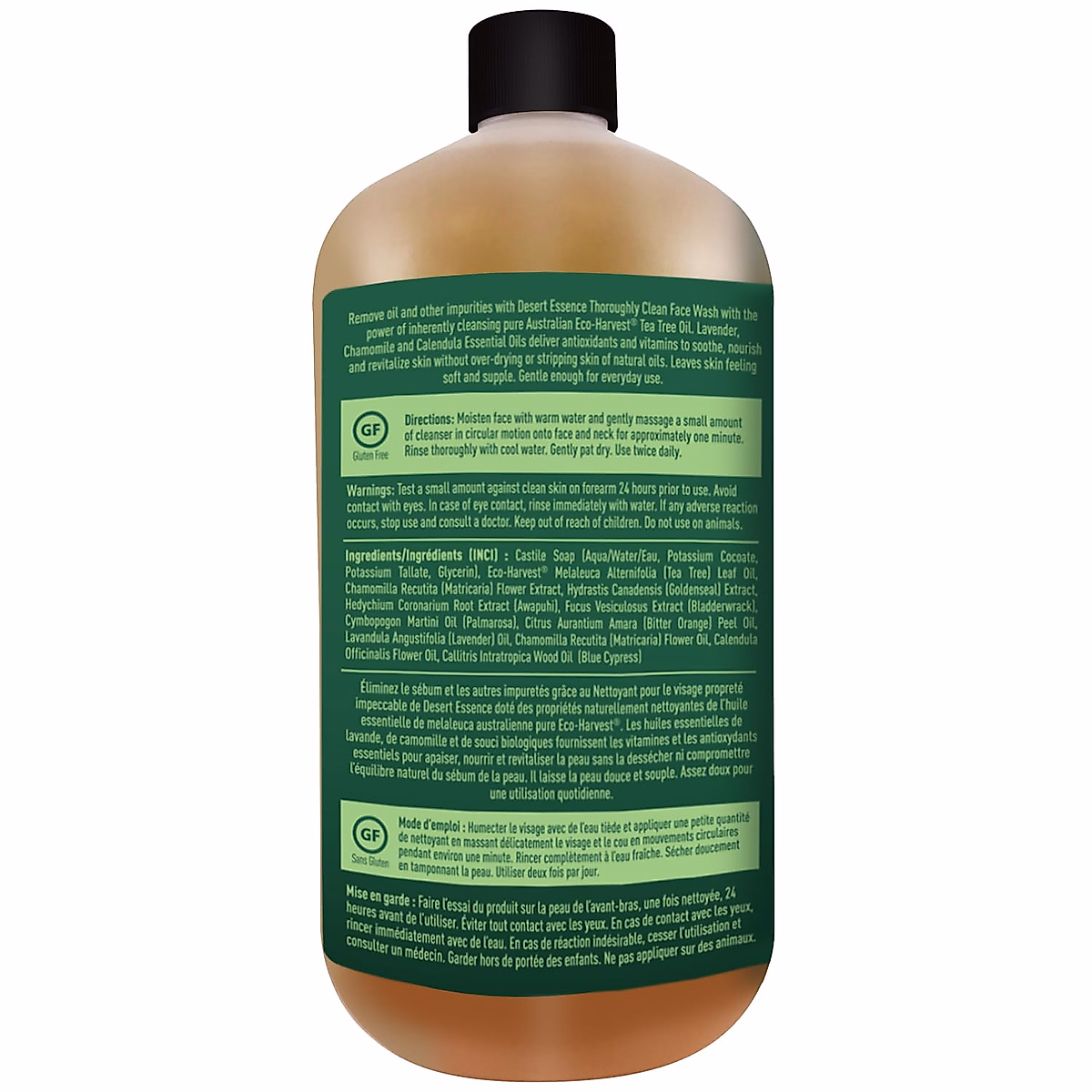 Desert Essence Thoroughly Clean Face Wash with Tea Tree Oil, Castile Soap and Coconut Oil - Organic Facial Cleanser for Sensitive and Oily Skin, Vegan & Cruelty-Free, 32 fl oz
