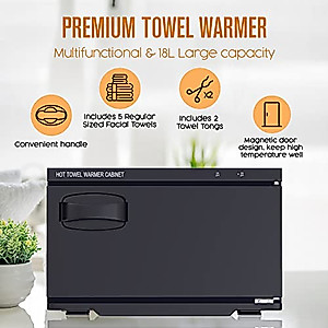 Houseables Hot Towel Warmer Cabinet, UV, 11” x 17”, 1 Cabbie, 2 Pairs of Tongs, 5 Towels, Black, Metal, Cotton, Steamer, Light, For Spa, Salon, Barber, Facial, Massage, 18L