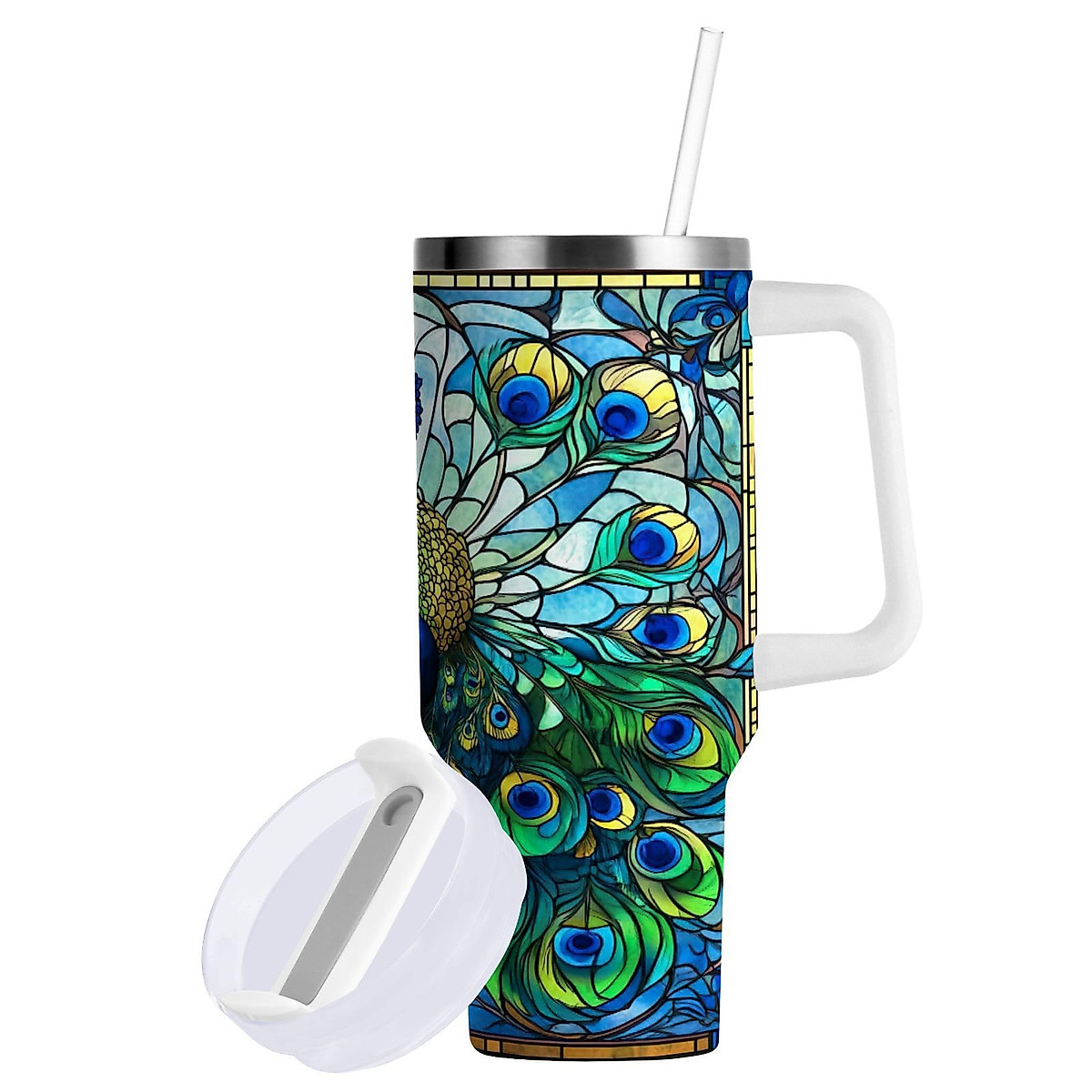 RPLIFE Peacock Stained Glass 40 Oz Tumbler with Handle, Stainless Steel Tumbler with Straw, Coffee Tumbler for Women