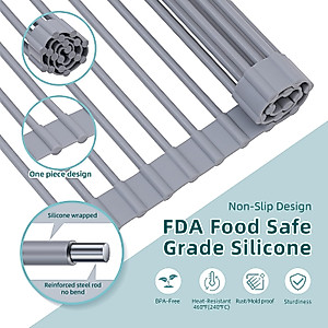 Ohuhu Over Sink Dish Drying Rack 17.6" L x 15.4" W Large Roll Up Drainer Foldable Rolling Mat Dryer Roll Out RV Drain - Silicone Coated Steel Multipurpose Space Saving for Kitchen Counter Anti-Slip