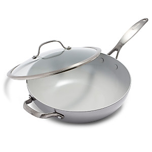 GreenPan Venice Pro Tri-Ply Stainless Steel Healthy Ceramic Nonstick 12" Wok Pan with Helper Handle and Lid, PFAS-Free, Multi Clad, Induction, Dishwasher Safe, Oven Safe, Silver