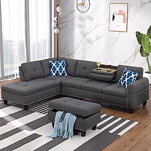 Rovibek L Shaped Sectional Couch with Ottoman and Pillows, 2 Cup Holders Design Living Room Sofa Set for Apartment, Office