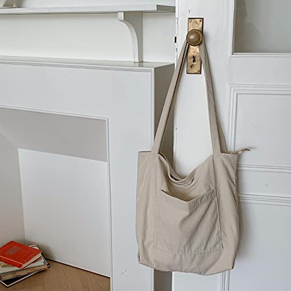 WantGor Women Corduroy Tote Bag, Large Shoulder Hobo Bags Casual Handbags Big Capacity Shopping Purses Work Bag (Beige)