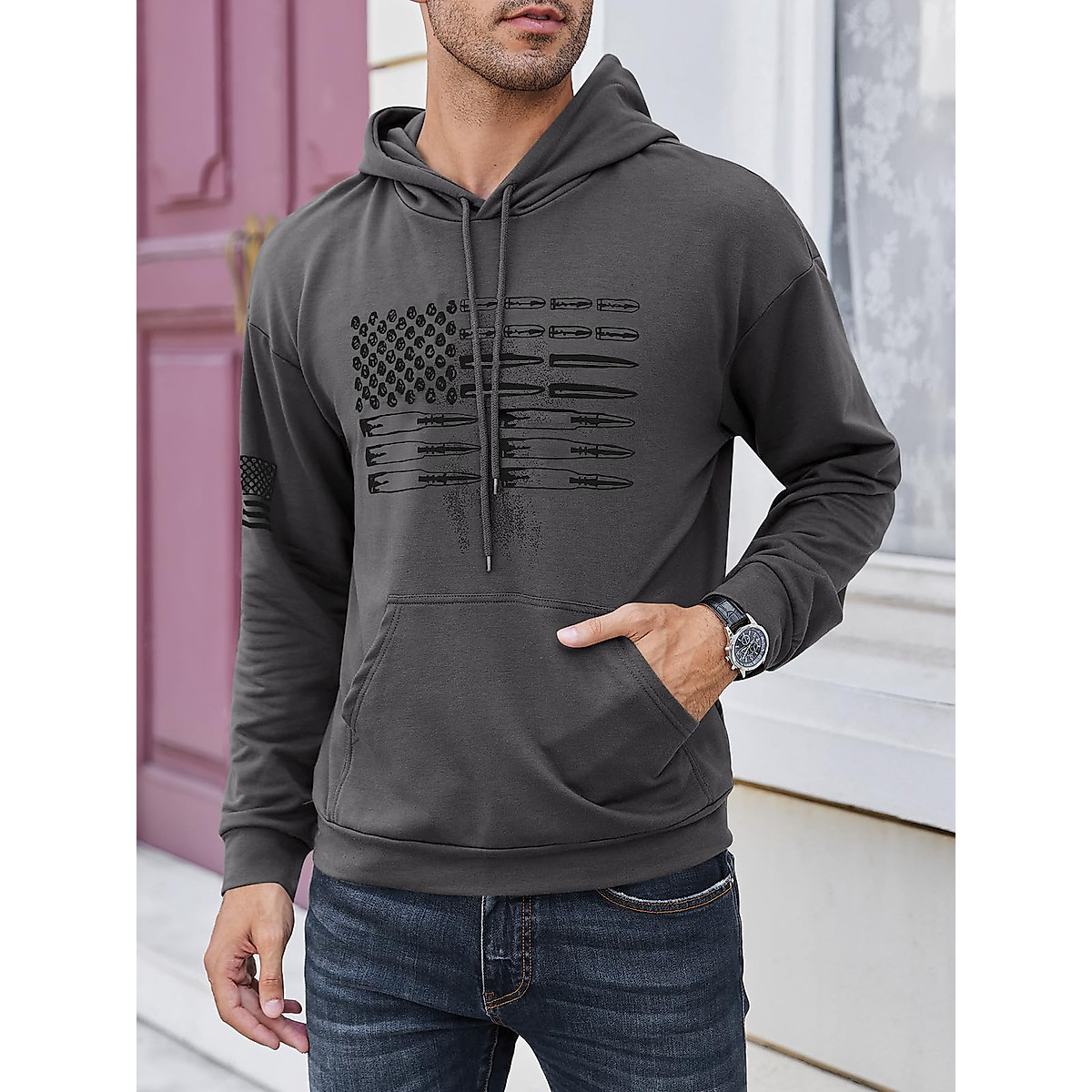 Vdnerjg Mens Hoodies Long Sleeve American Flag Graphic Drawstring Hooded Pullover Sweatshirts Grey