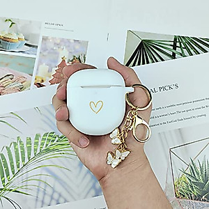 AIIEKZ Compatible with Bose QuietComfort Earbuds II 2022, Soft Silicone Case with Gold Heart Pattern for Bose QC II Case with Cute Butterfly Keychain for Girls Women (White)