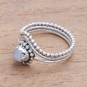 NOVICA Artisan Handmade Rainbow Moonstone Cocktail Ring Dot Motif from Bali Sterling Silver Single Indonesia [ring Front 0.6 in H x 0.4 in W x 0.2 in D Band Width 5 mm W] ' Enshrined'