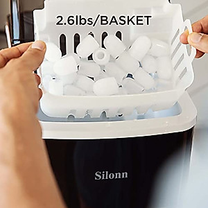 Silonn Ice Makers Countertop, 9 Cubes Ready in 6 Mins, 26lbs in 24Hrs, Self-Cleaning Ice Machine with Ice Scoop and Basket, 2 Sizes of Bullet Ice for Home Kitchen Office Bar Party, Black