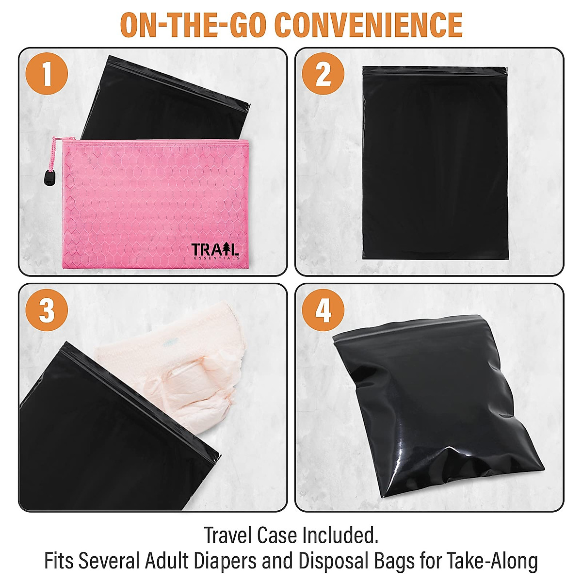 Trail Essentials Adult Diaper Disposal Bags - Large, Black Opaque, Zip-Seal Disposal Bags for Adult Diapers, Incontinence Underwear, Undergarments with Travel Pouch (Black)