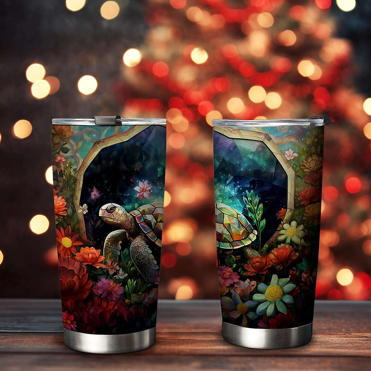 20oz Stained Glass Flower Sea Turtle Tumbler, Gifts for Turtle Lovers, Ocean, Beach Gifts, Coffee Thermos for Women, Stainless Steel Double Wall Vacuum Insulated Coffee Mug, Travel Cup with Lid