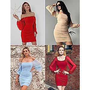 MEROKEETY Women Square Neck Long Sleeve Mesh Ruched Bodycon Cocktail Party Mini Dress Red Medium