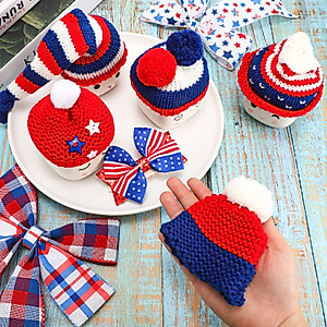 6 Pieces 4th of July Marshmallow Mug Hat Crochet Independence Day Mug Topper Hat Knitted Cup Head Mug Set Mini Marshmallow Mug Topper Decorative Mug Hat Cover for Coffee Mug Tiered Tray Decor