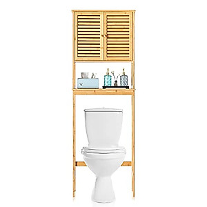 Vasitelan Over The Toilet Storage Cabinet, Bathroom Organizer with Adjustable Inside Shelf and Bottom Stabilizer Bar, Space-Saving Toilet Rack (Wood Color)