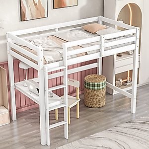 Myshle Twin Loft Bed with Built-in Desk and Ladder, Wooden Bedfame for Kids Teens Bedroom, Space Saving,No Box Spring Need,White