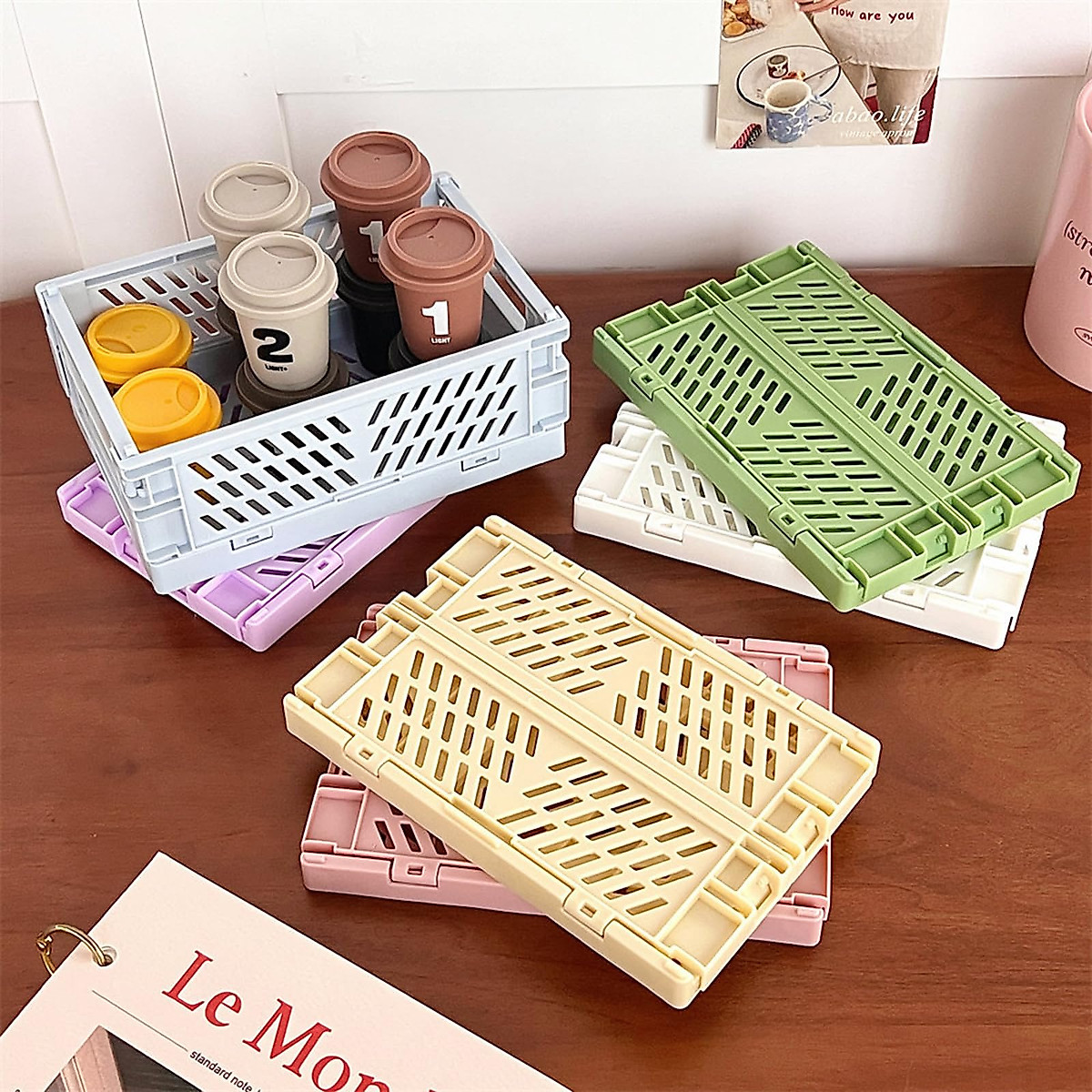 HUIFACAI Plastic Baskets Foldable Desk Crates Storage Box Stackable Table Basket Organizers Office Desktop Drawer Shelf, Small, Blue