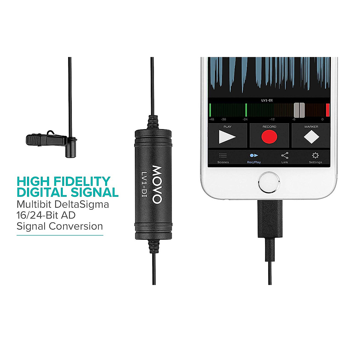 Movo LV1-DI High Fidelity Digital Lavalier Omnidirectional Clip on Microphone for iPhone with MFi Certified Lightning Connector Compatible with iPhone, iPad, iPod, iOS Smartphones and Tablets