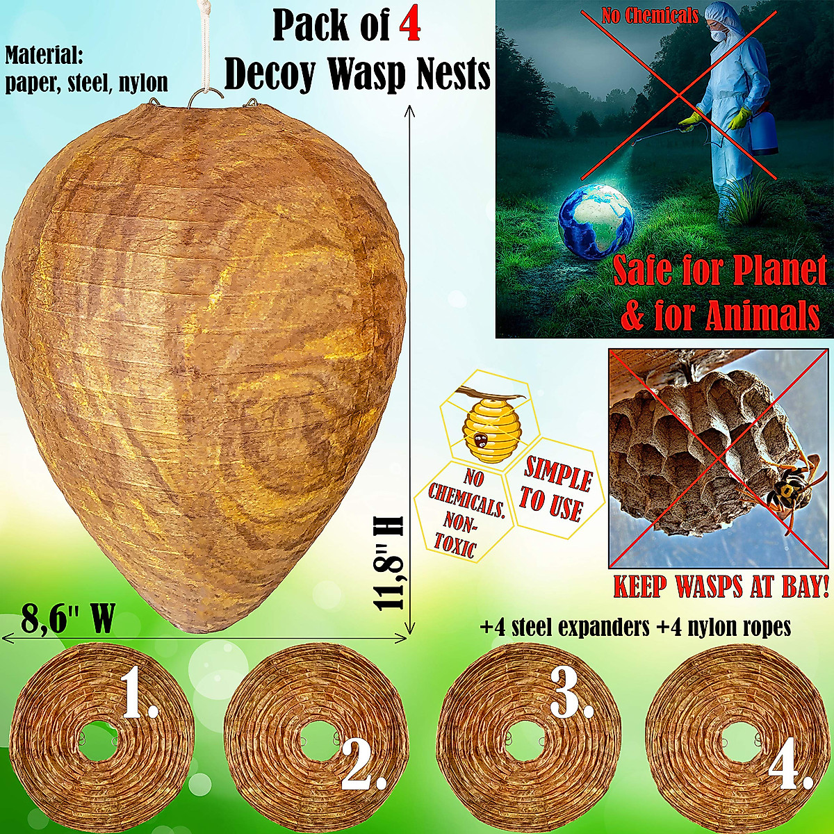 Wasp Nest Decoy - 4 Pack - Hanging Fake Wasp Nest