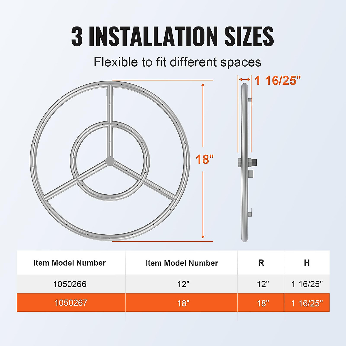 VEVOR 18 inch Round Drop-in Fire Pit Pan, Stainless Steel Fire Pit Burner Kit, Propane Gas Fire Pan with 150,000 BTU for Indoor or Outdoor Use