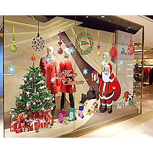 YULOONG Christmas Windows Static Stickers Clings Removable Vinyl Santa Claus Christmas Tree Snowman Snowflake Deer DIY Wall Window Door Mural Showcase Decal Sticker