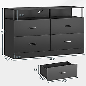 AOGLLATI Black Dresser for Bedroom with 4 Drawers,Dressers & Chests of Drawers with Column Design & Charging Station, Modern Bedroom Led Long Dresser for Bedroom Closet
