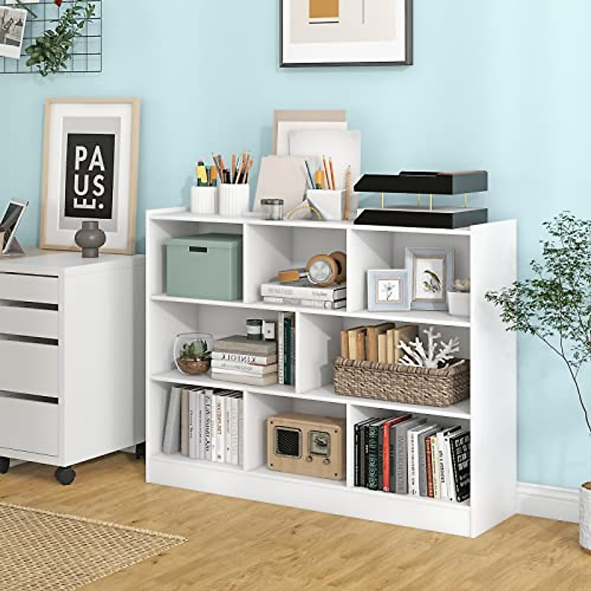 IFANNY 3 Tier Bookcase, Modern Bookshelf with 8 Storage Cubes, Wood Storage Cube Shelves, Small Bookshelves for Small Spaces, Book Shelf for Bedroom, Living Room, Home Office (White)